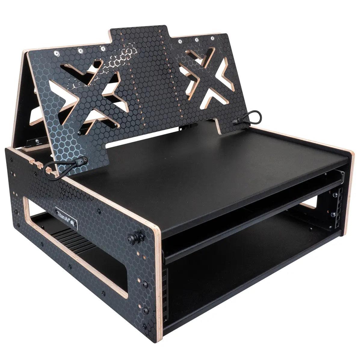 2RU Broadcast Flight Rack with Sliding Shelf & Monitor Mount – Titan AV